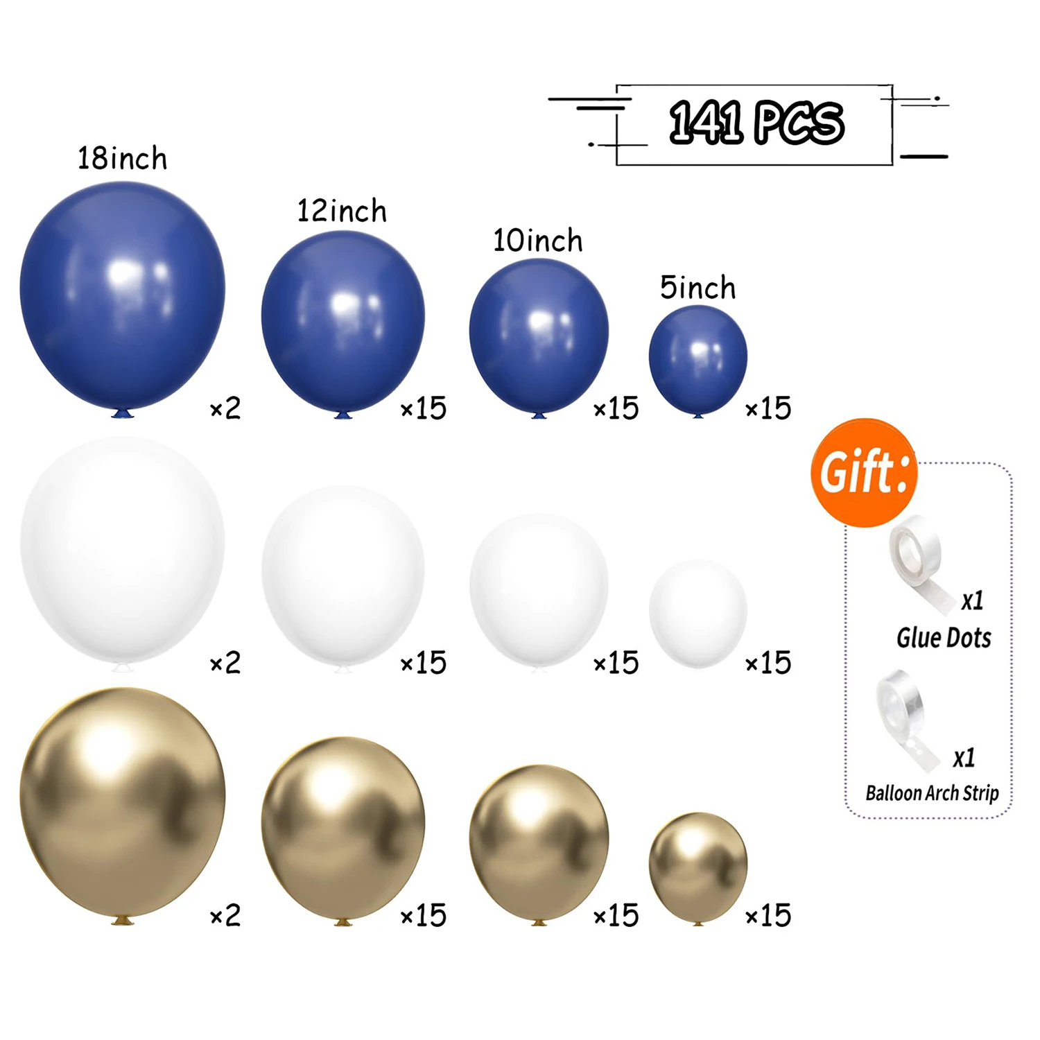143pcs Blue White Metallic Balloon Garland Arch Kit Multi Size Latex ...