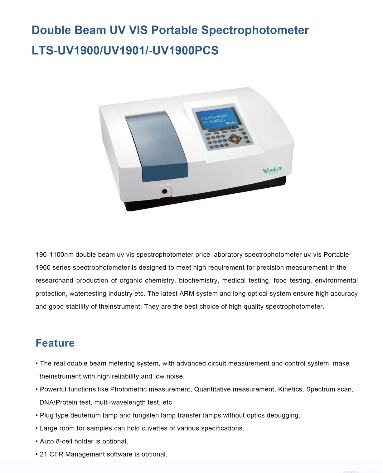 WISDOM Double Beam UV Vis Spectrophotometer Price 190-1100nm Laboratory ...