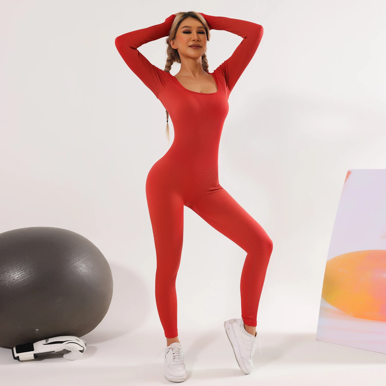 Custom Sexy Scrunch Butt Long Sleeve Fitness One Piece Yoga Women Workout Rompers Zip Up Short ...