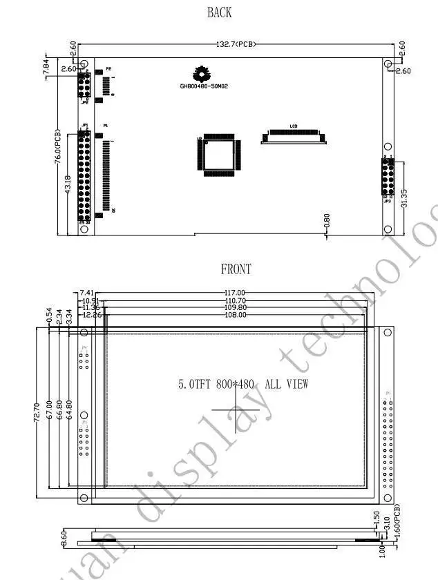 5 Inch 800x480 TFT LCD Display Module with White LED Backlight