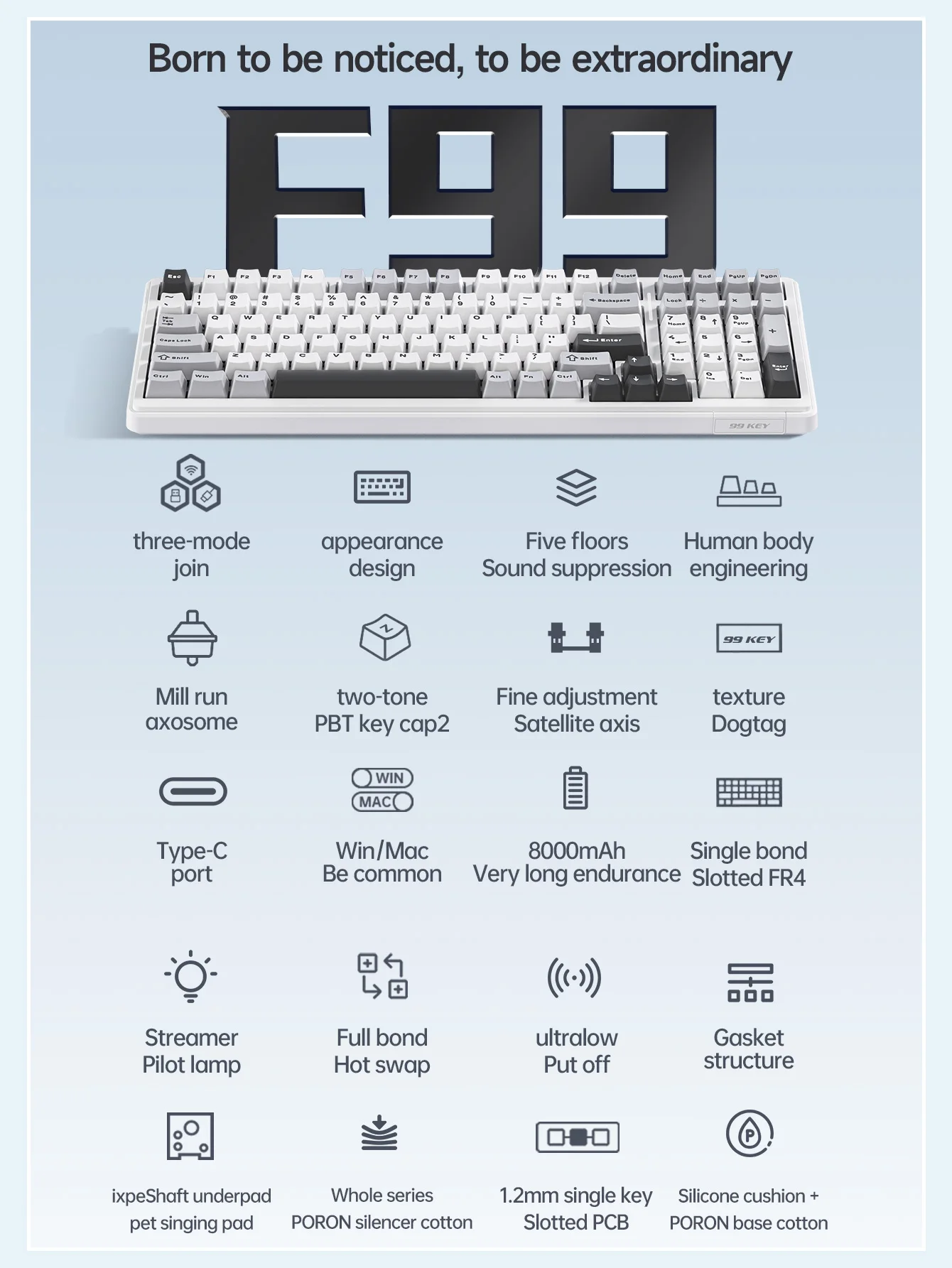 AULA F99 Gamer Keyboard - 98 Keys, RGB Backlit, Mechanical