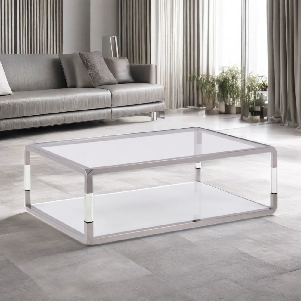 Modern Luxury Silver Shiny Coffee Table Set With 2layers Glass Shelf ...