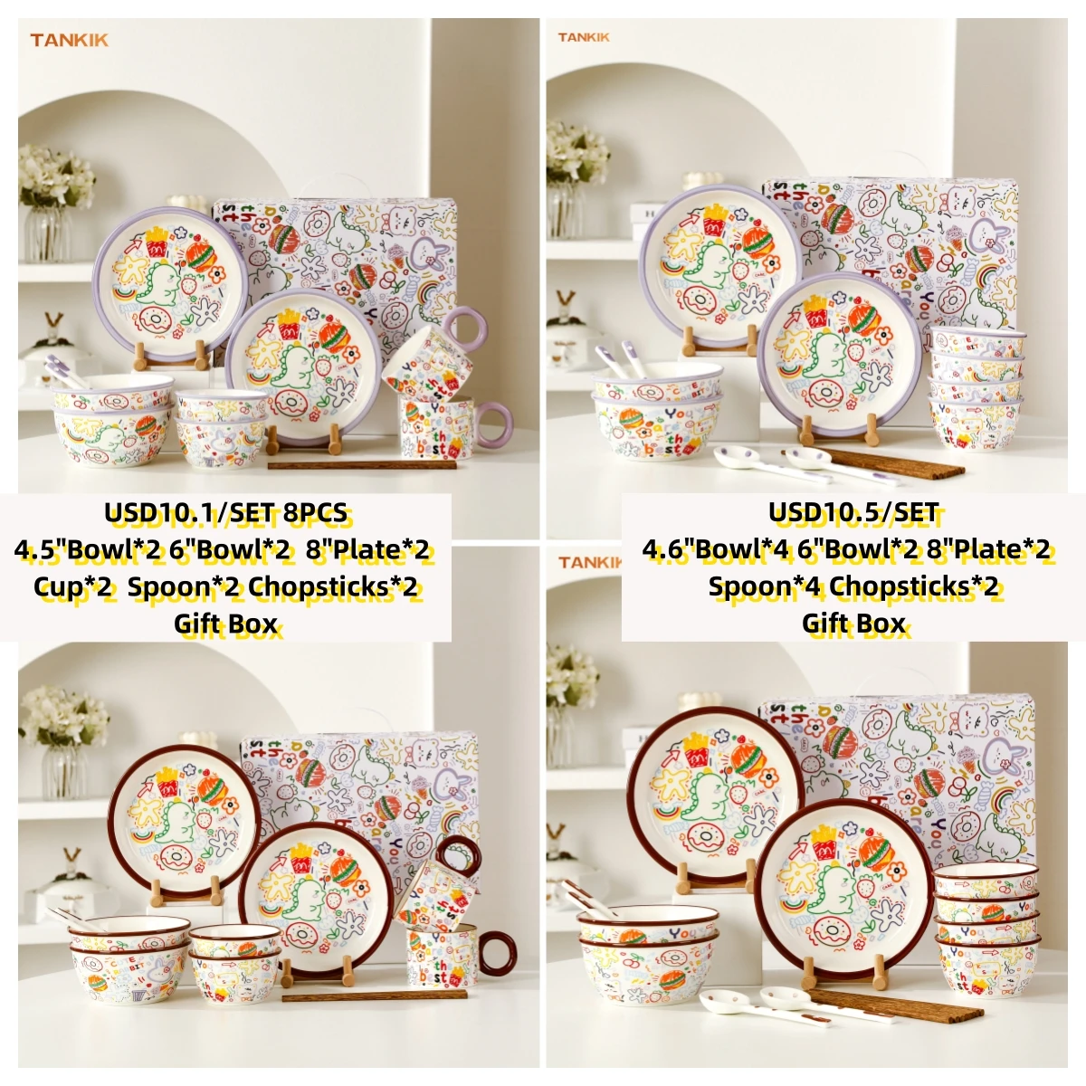 Kawaii Cute Child Kid Printing Dinnerware Purple Color Crockery Deep ...