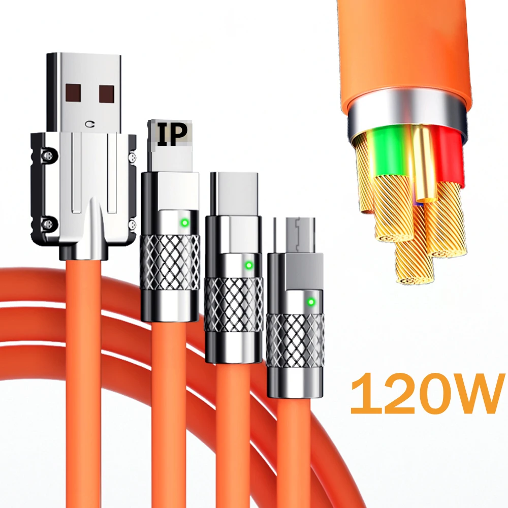120W 6A Super Fast 3 in 1 PD Type C Micro Cord Zinc Alloy Liquid ...