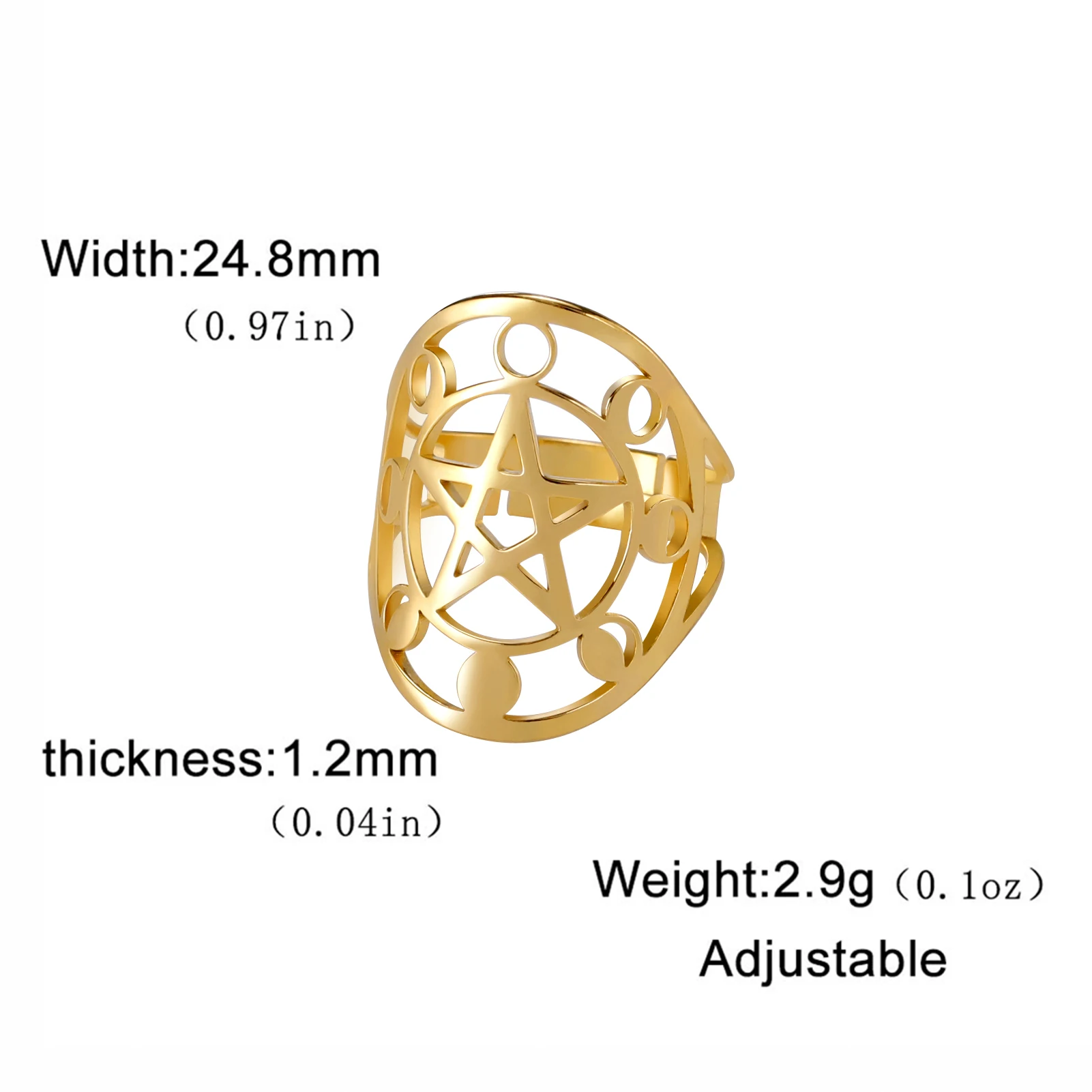 Moon Phase Pentacle Pentagram Ring Stainless Steel Adjustable Finger ...