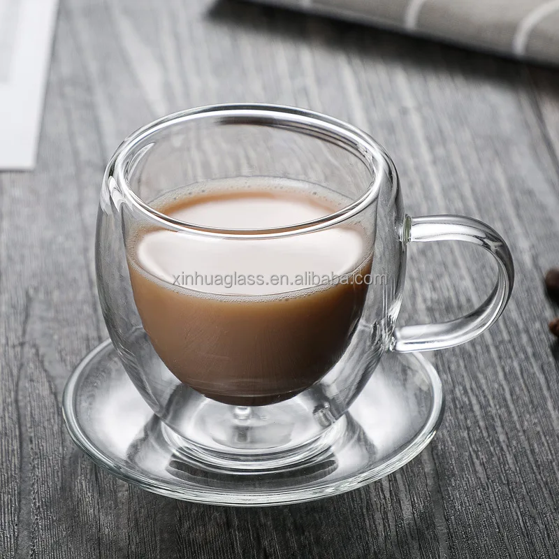 Double Layer High Borosilicate Coffee Office Saucer Cup Set With Handle ...