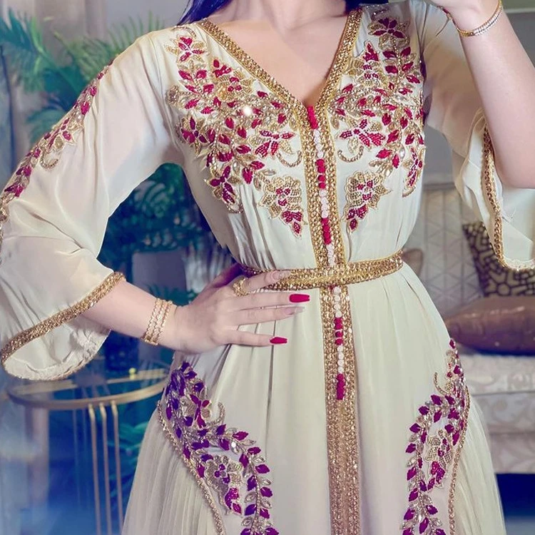 Middle East Women Sexy Chiffon Embroidered Dress With Belt Fashionable ...