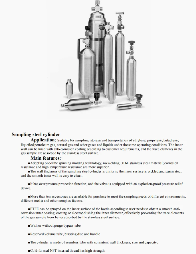 High Performance Potable Gas Sampling Cylinders - Double Ended