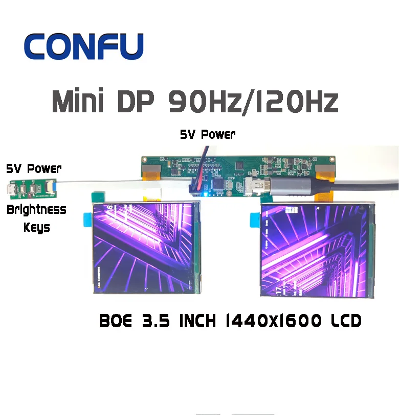 CONFU MINI DP to MIPI ANX7530 Board with Dual 3.5 Inch Lcds