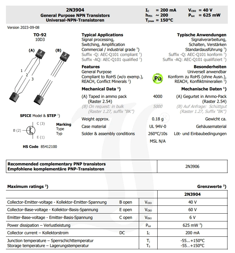 2N3904 Transistors Silicon NPN General Purpose Amplifier Transistor TO ...
