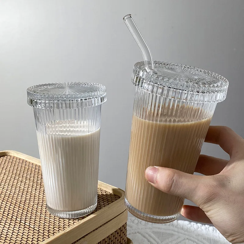 375ml Transparent Bubble Tea Cup Simple Ribbed Vertical Stripes Glass ...