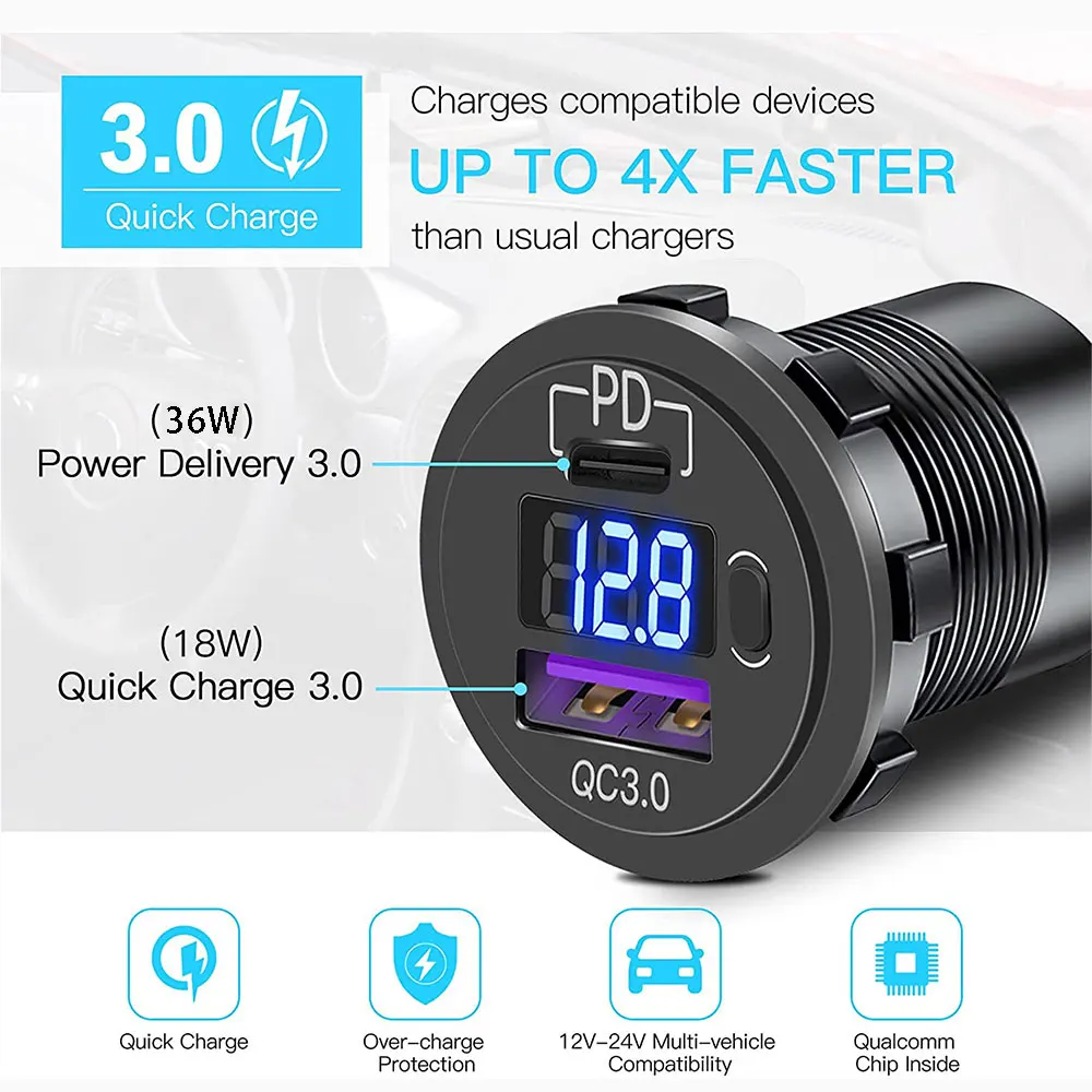 Dual Power Charging Socket USB QC3.0 Socket +Type-C PD Fast Charging ...