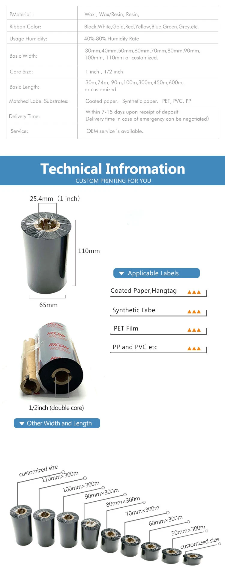 RICOH B110A Thermal Printer Carbon Ink Ribbons Wax Resin
