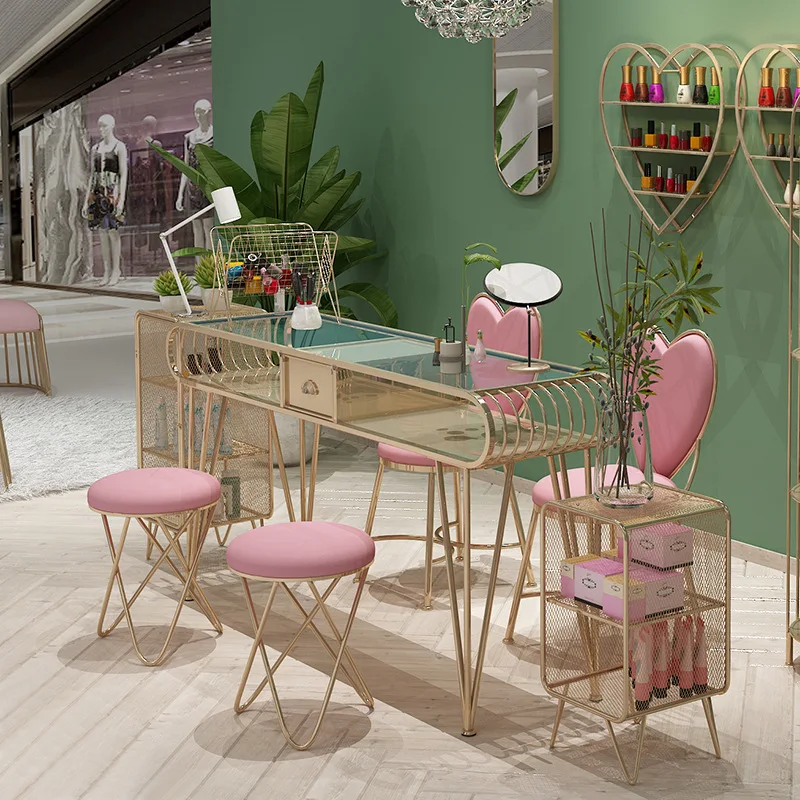 Golden Metal Nail Studio Station Glass Beauty Salon Furniture Pink ...