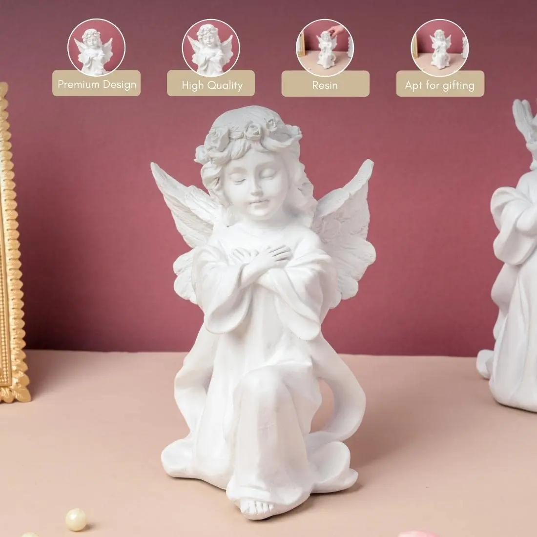 Artisanal White Fairy Statue With Wings On One Knee And Smooth ...