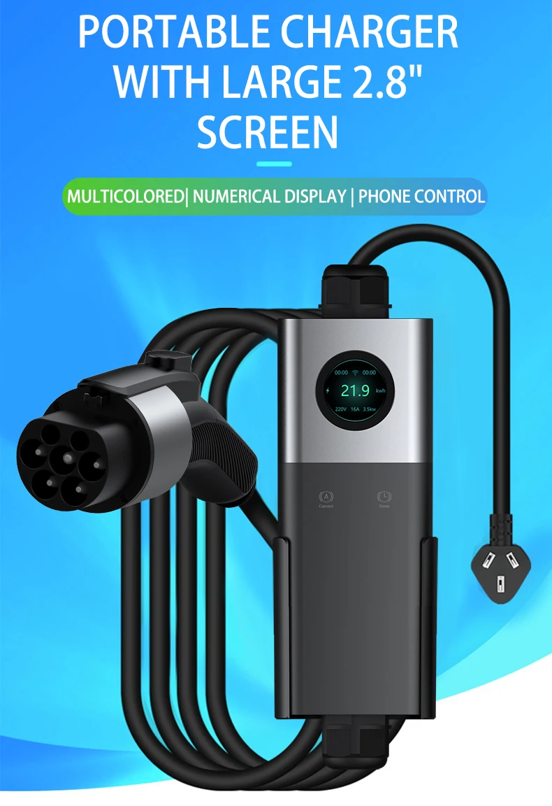 11kw 16a 3 Phase Ev Portable Charger Type2 5m Cable Evse Electric Car ...