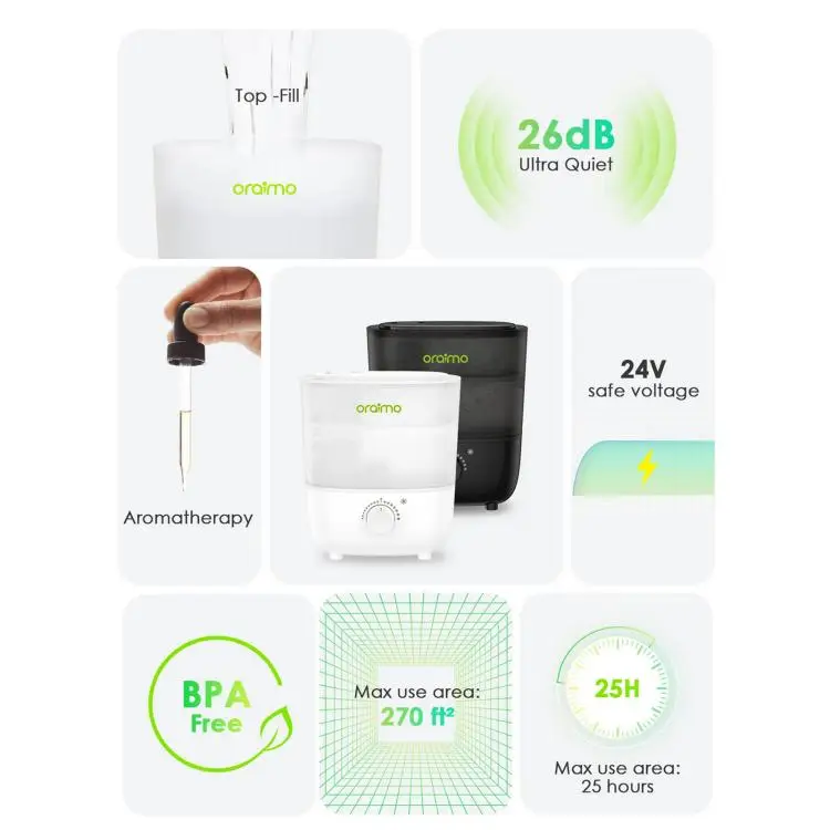 Oraimo OHM-U02 White - 2.5L Cool-Mist Humidifier with 1 Year Warranty