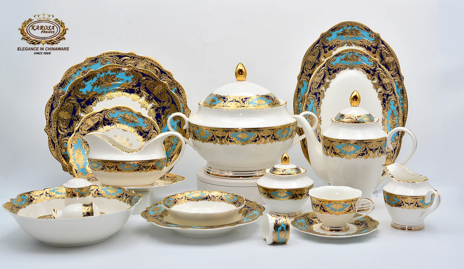 Karosa Design 98 Pcs Bone China Dinnerware Set - Luxury Embossed Gold ...