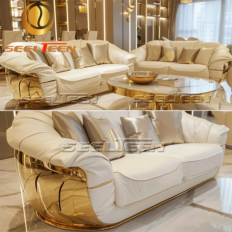 Leather Gold Luxury Sectional Leather Sofa Set Living Room Furniture ...