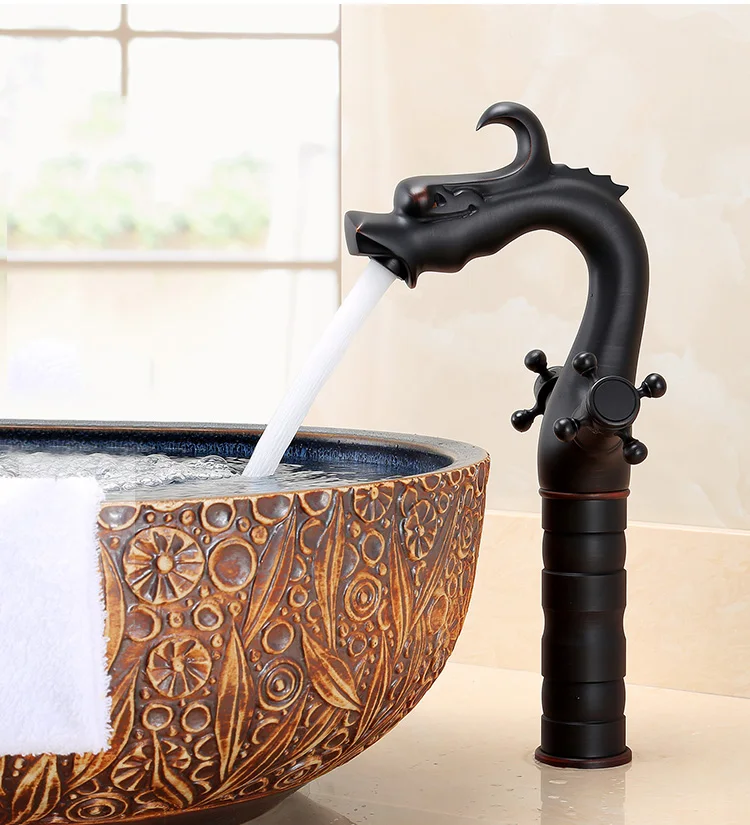 Black Gold Antique Dragon Bathroom Basin Faucet Brass