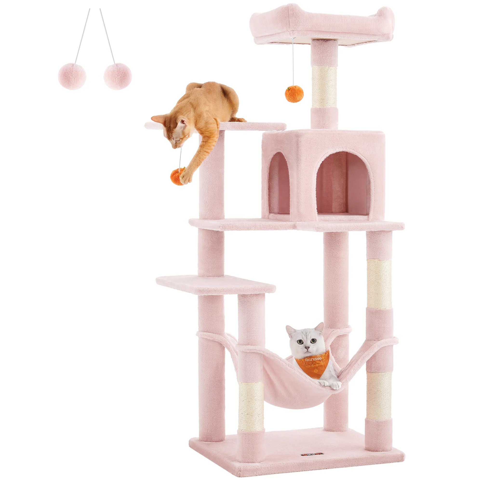 Feandrea pink Large Multi-level Cat Trees & Scratcher with Hammock ...