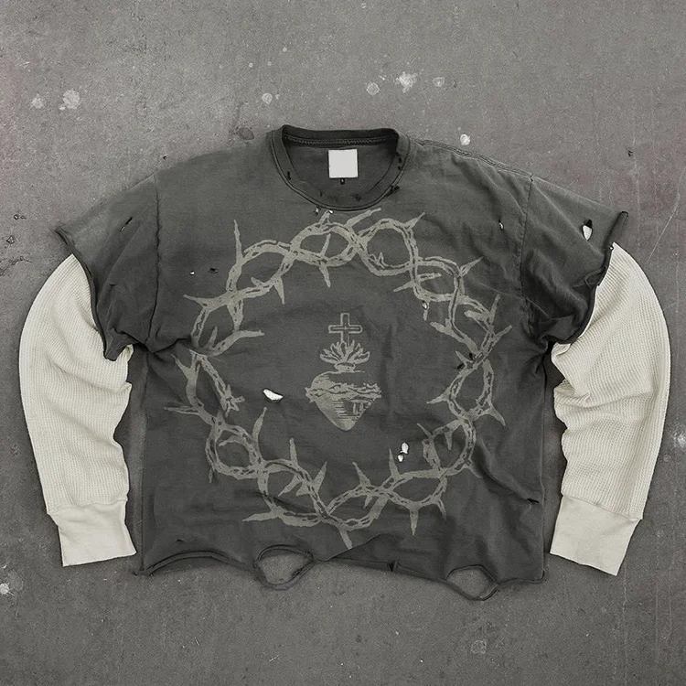 Shop Custom Black Long Sleeve Distressed T-Shirts for Men