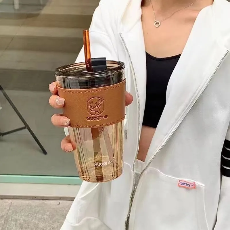 Ins Custom Logo Leather Straw Tumbler 450ml High Quality Glass Tumbler Mug For Student Girl ...