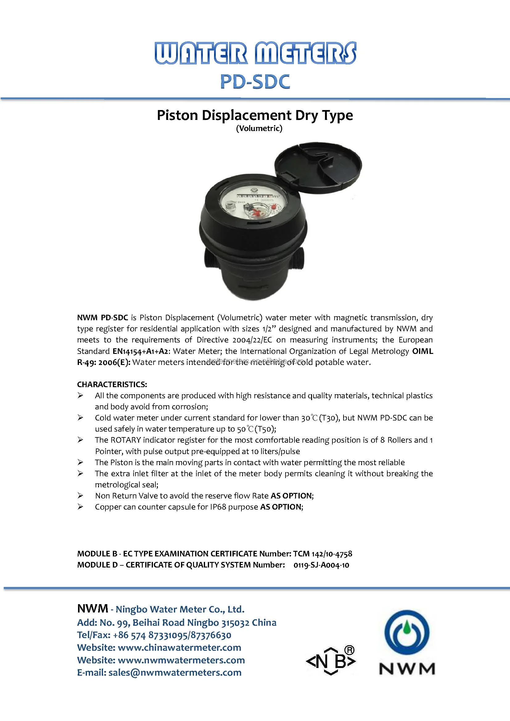 Piston Displacement / Volumetric Dry Type Water Meter Class C / R160 ...