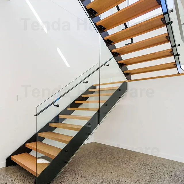 Double Stringer Steel Wood Staircase/ Glass Railing Straight Stairs ...