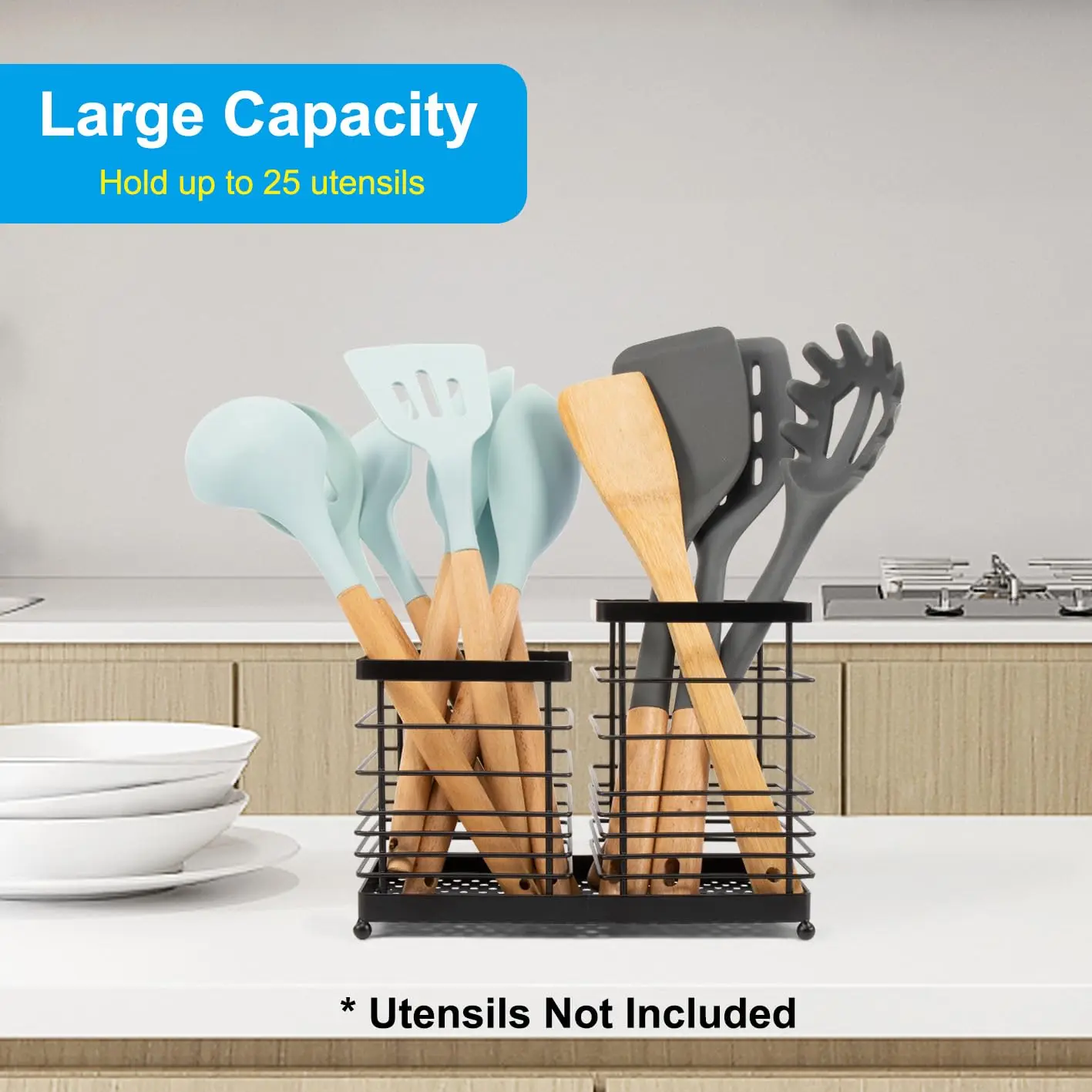 Utensil Holder for Countertop,Stainless Steel Kitchen Holder,2-In-1 ...