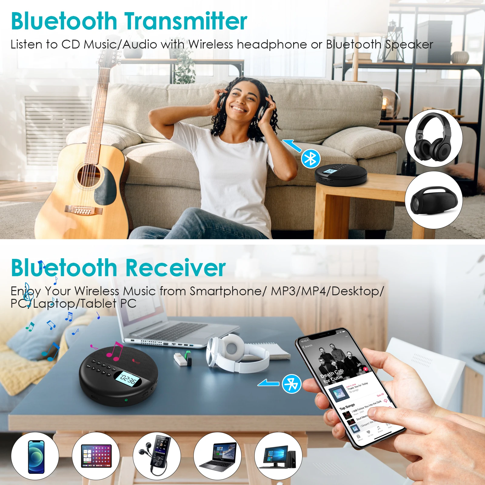Portable Cd Player With Bluetooth Cd Player With Speakers Rechargeable ...