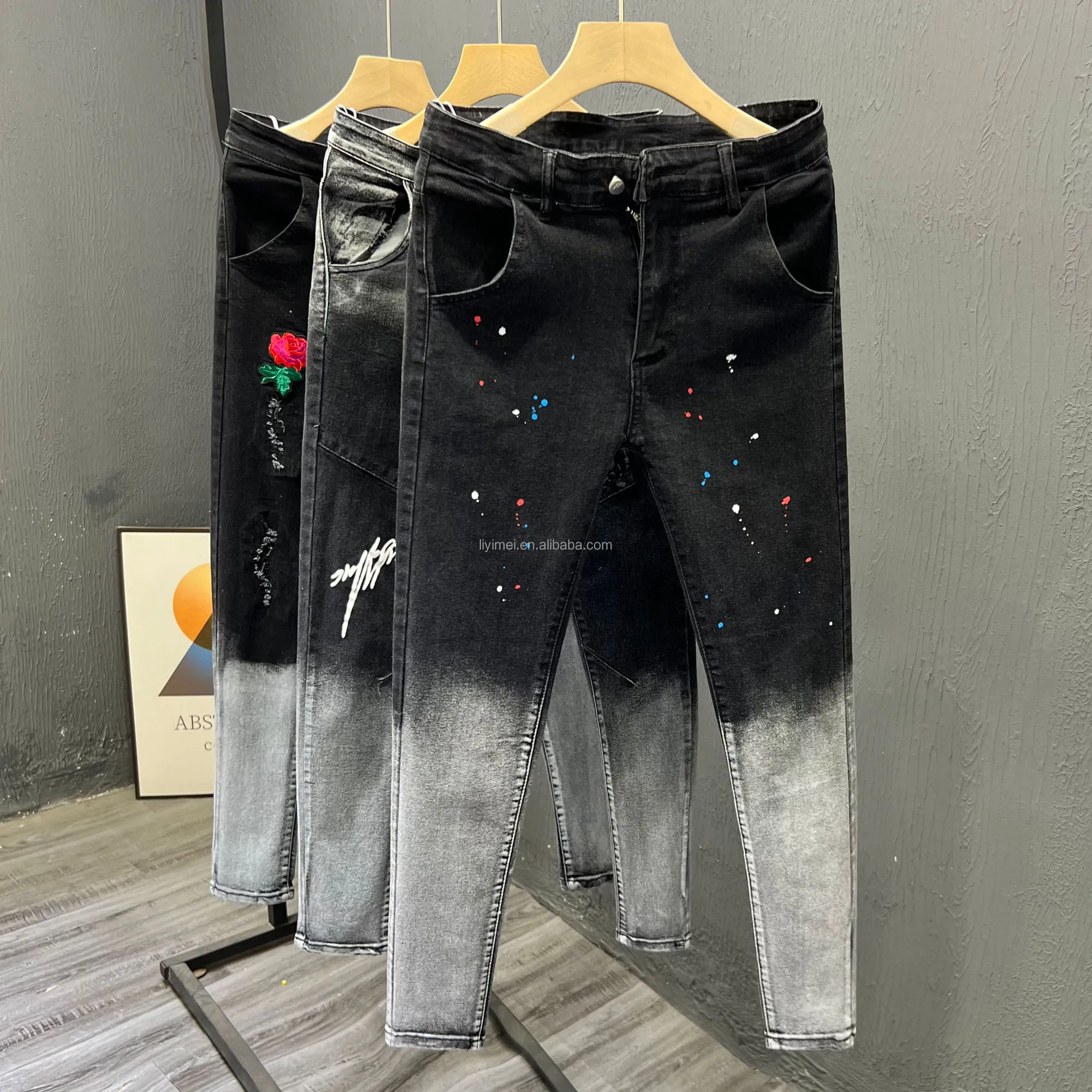 Customized Mustache Slim Jeans Men's Blue Ripped Plus Size Men's Jeans ...