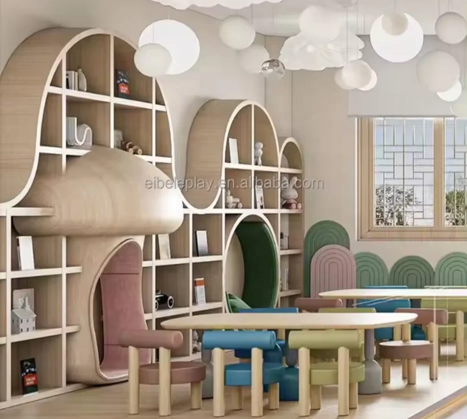 Kids Library Interior Design Wood Wall Curved Bookshelf Furniture ...