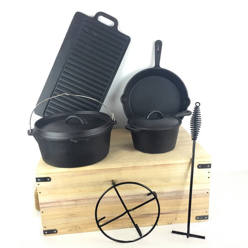7 Piece Pre-seasoned Cast Iron Camping Cookware Set Uk In Wooden Box ...