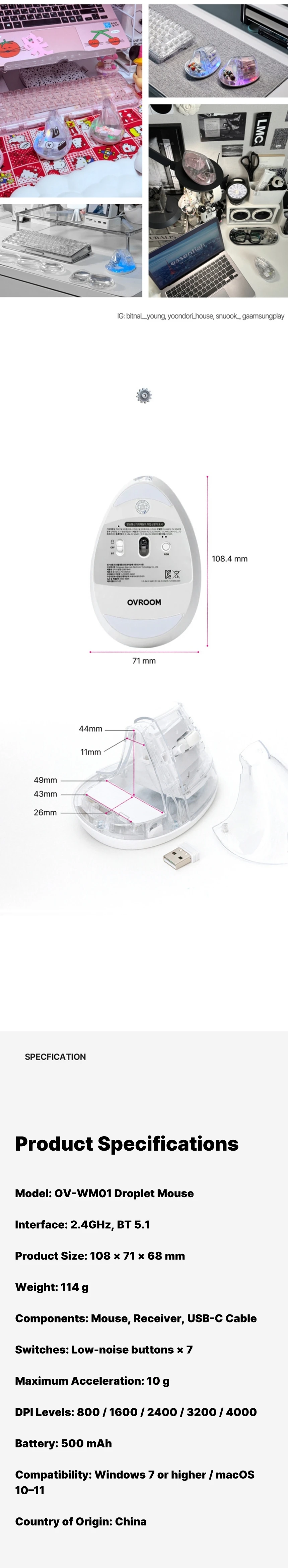 Droplet Wireless Vertical Mouse 2.4G Ergonomic Transparent Design with ...