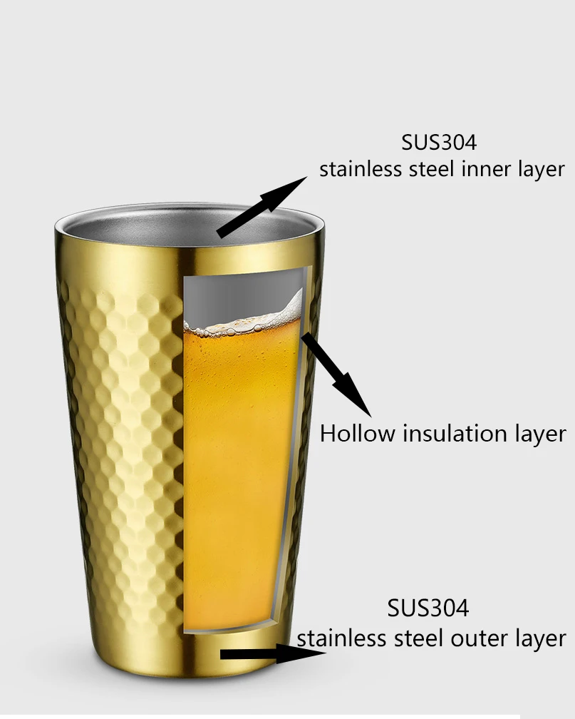 SUS304 Stackable Gold Double Wall Pint Cocktail Cup Tumbler