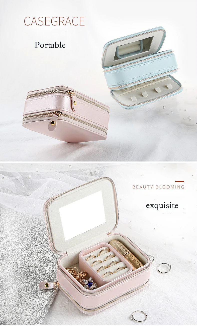 Double-layer Zipper Pu Leather Portable Jewelry Box Travel Necklace ...