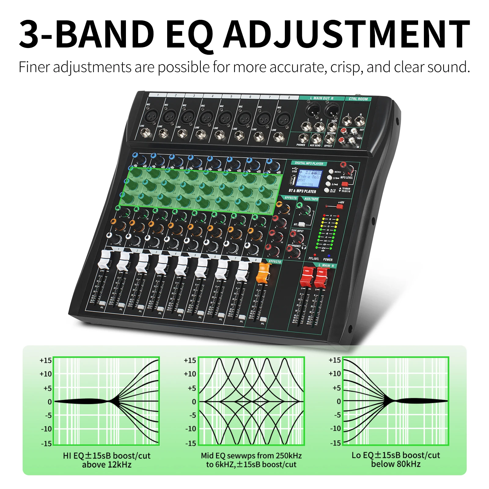 8 Channel Audio Mixer - Professional Sound Board Console