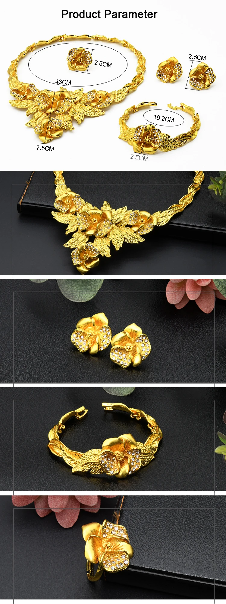 Saudi Dubai Gold Jewelry Set Necklace Bracelet Earrings Ring Indian ...