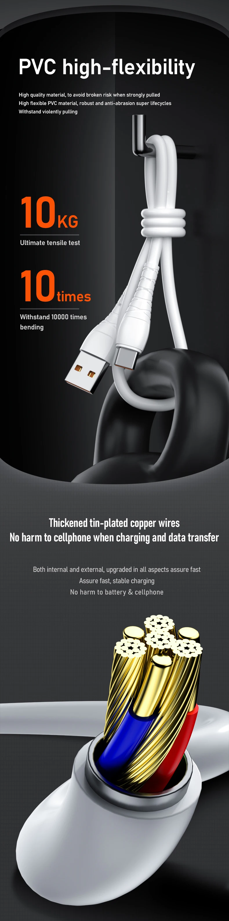 USB C Cable - 3A Fast Charging PVC Data Cables for Android