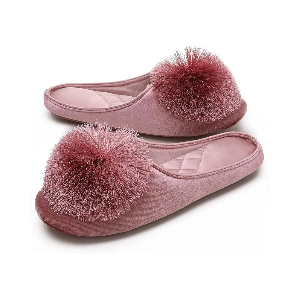 Women's Portable Indoor Bedroom Slippers With Fluffy Pom-pom Sexy Soft ...