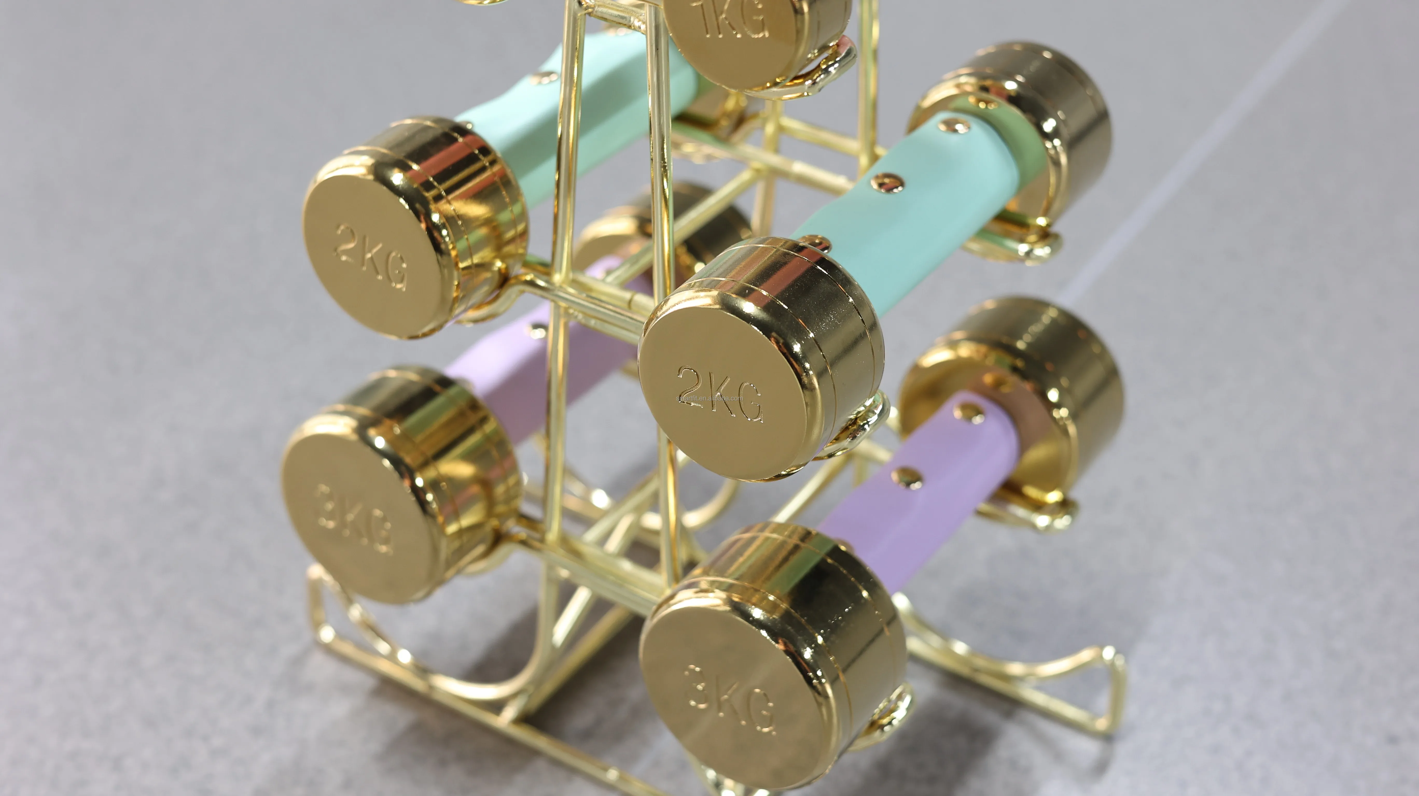 SMARTFIT 12kg Round Golden Steel Dumbbell Sets With Rack 1kg 2kg 3kg ...