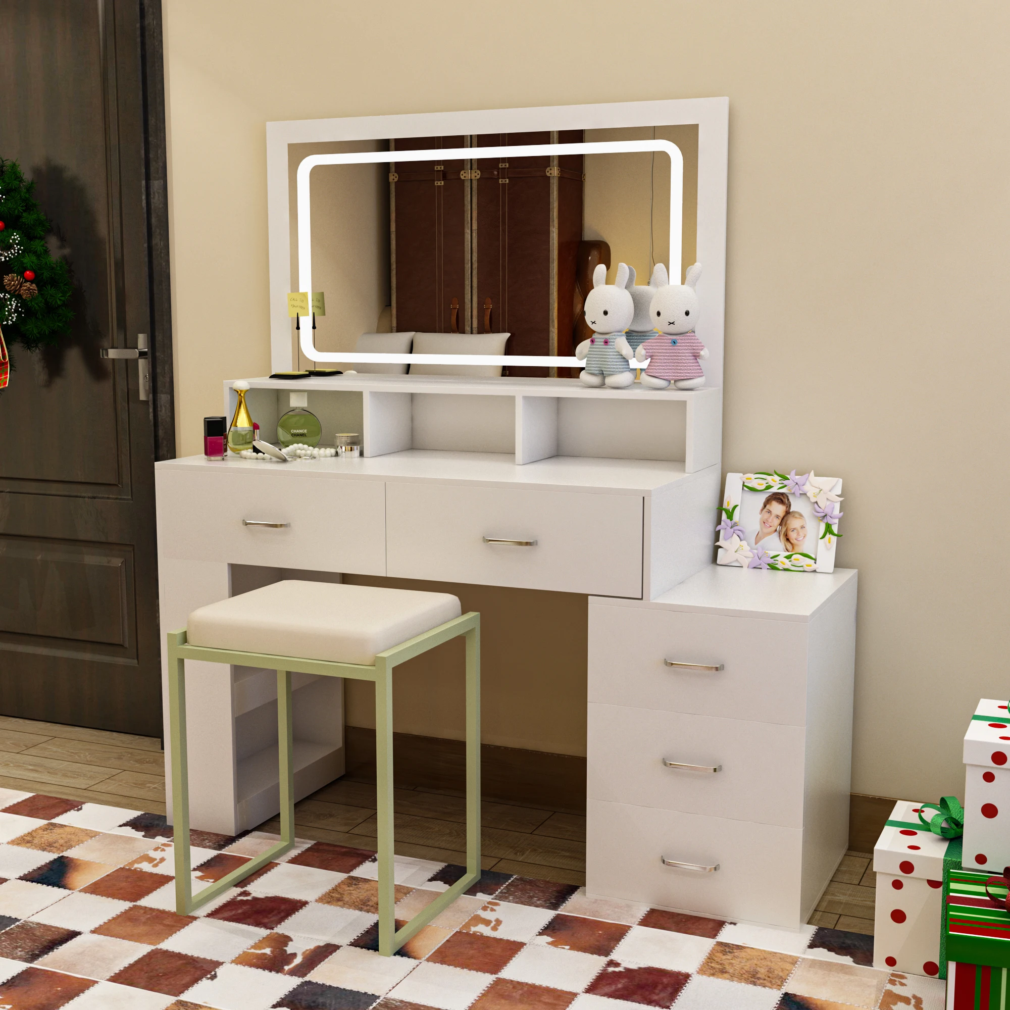 Modern Wooden Vanity Dressing Table With Sliding Mirror Drawer Storage ...