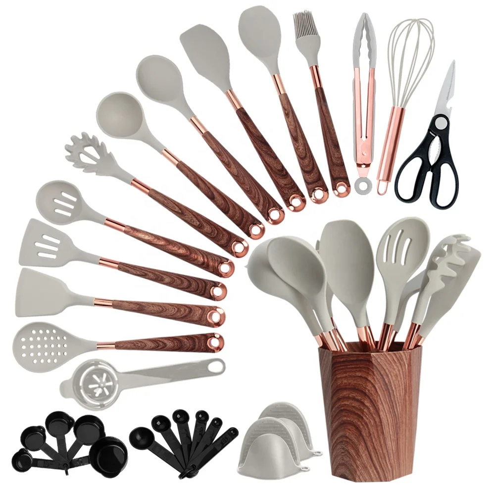 Luxury kitchen tools accessories wood grain handle silicone utensils ...