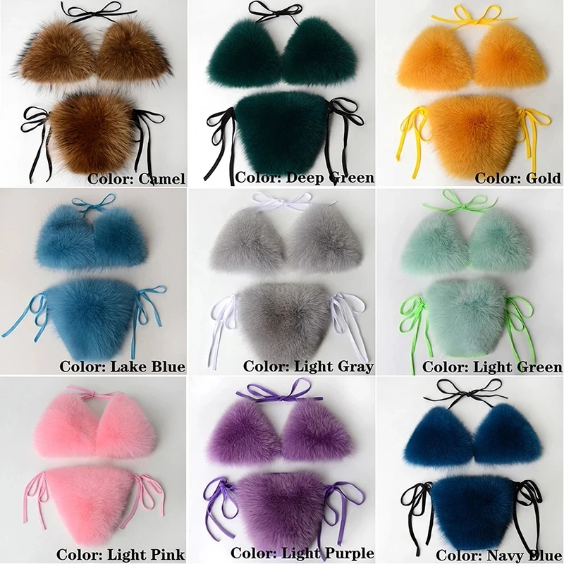 Latest Hot Two Pieces Fur Bikini Girl Women Ladies Cute Fluffy Bra And ...