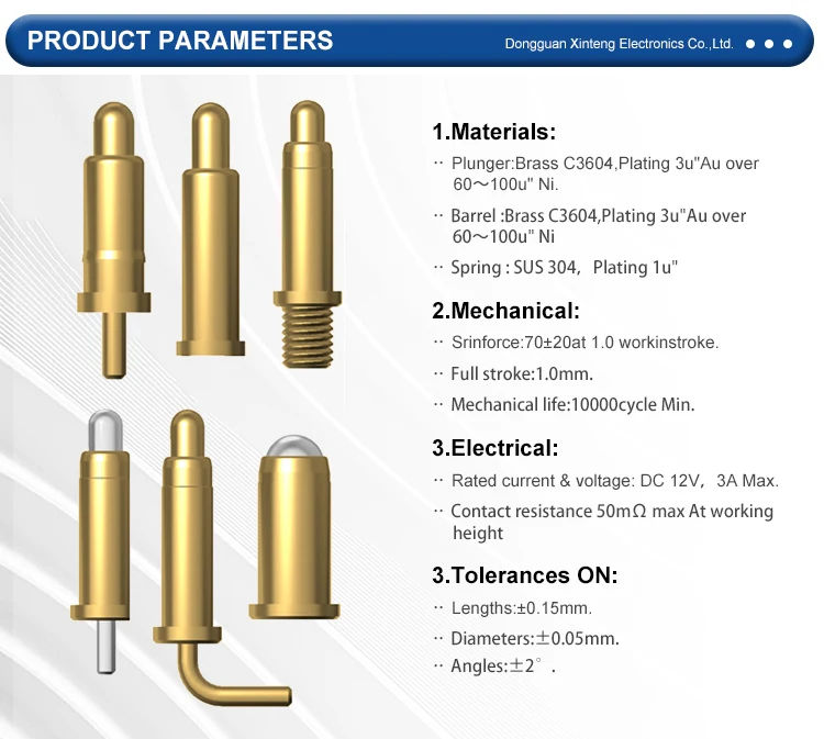 High Current Pogo Pin Connector Ni Brass Pin 0.7mm Golden DC 12V 1A Max ...