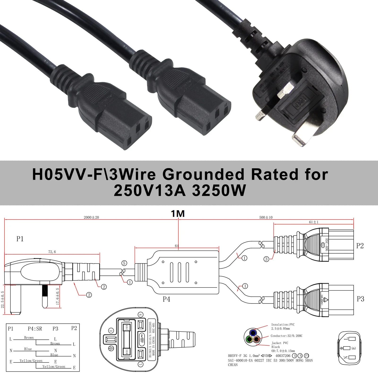 IEC Cable with Dual Y Splitter - 1m, 2m, 2.5m Lengths