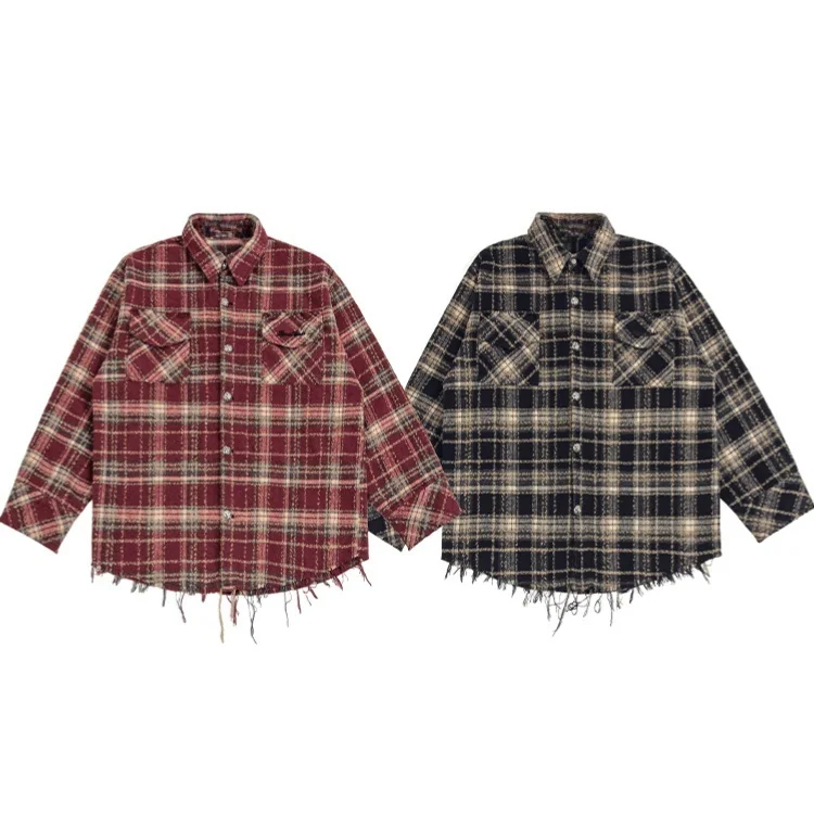 Customized Couple'S Trendy Velvet Plaid Shirt Distressed Raw-Edge ...