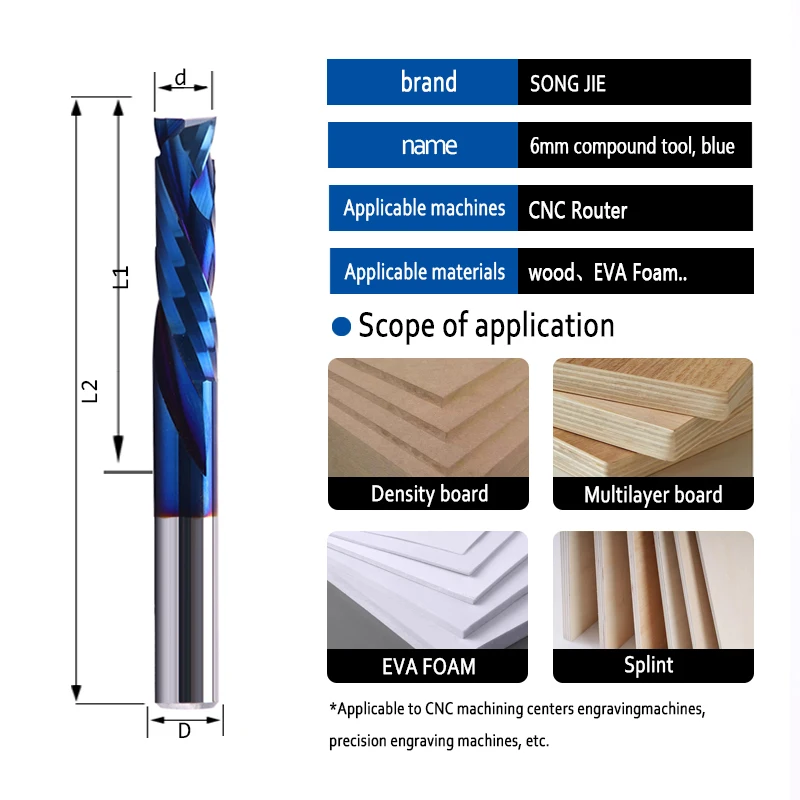 SONGJIE Solid Carbide Compression Router Bits 1/4" Shank 2 Flute CNC ...