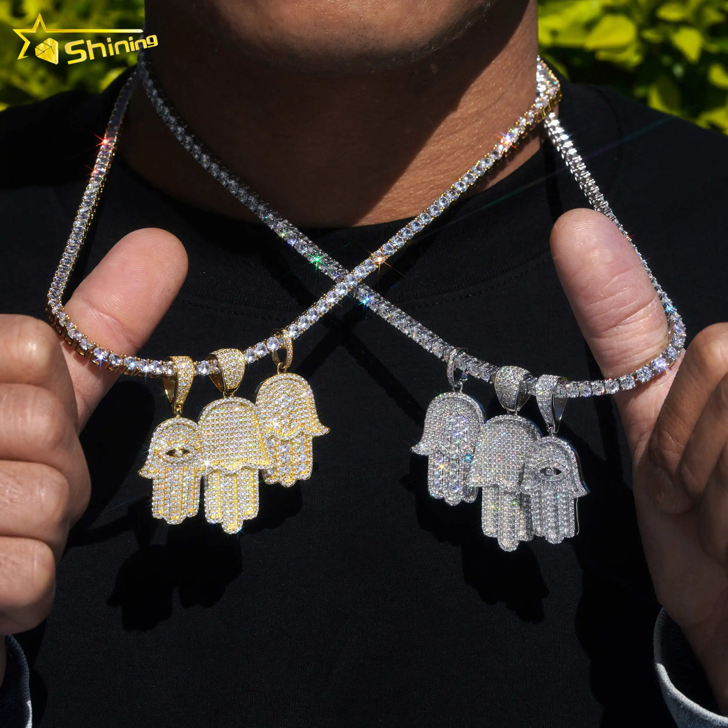 Hip Hop Full Icy Hand Pendants Unisex Silver Moissanite Diamond Hamsa ...